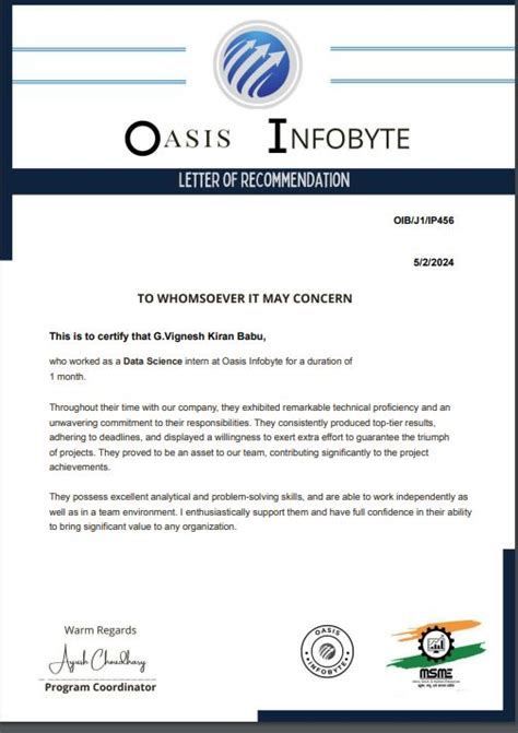 Vignesh Kiran Babu On Linkedin Oasisinfobyte Oasisinfobyteinternship