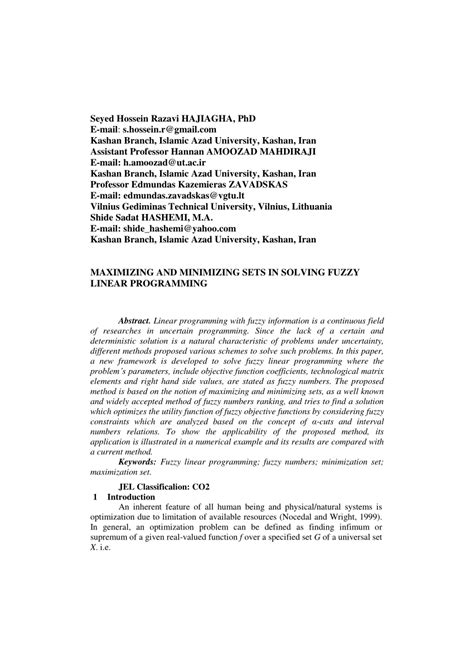 PDF Maximizing And Minimizing Sets In Solving Fuzzy Linear Programming