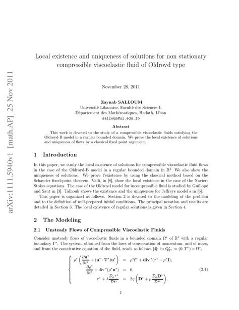 Pdf Local Existence And Uniqueness Of Solutions For Non Stationary Compressible Fluid