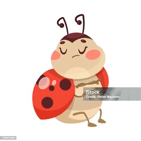 귀여운 무당벌레 캐릭터 와 더럽혀진 날개 와 심술궂은 얼굴 앉는 벡터 일러스트 감정에 대한 스톡 벡터 아트 및 기타 이미지