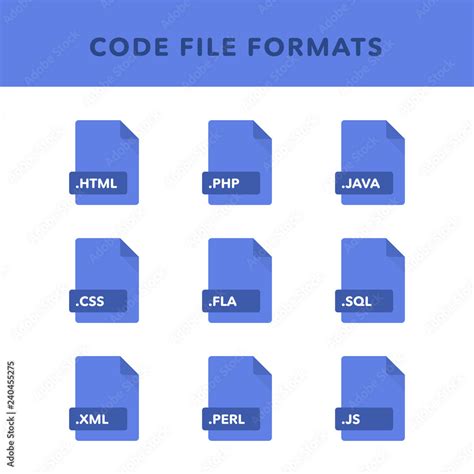 Set Of Code File Formats And Labels In Flat Icons Style Vector Illustration Stock Vector