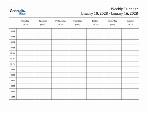Hourly Planner Template For The Week Of January 10 2028