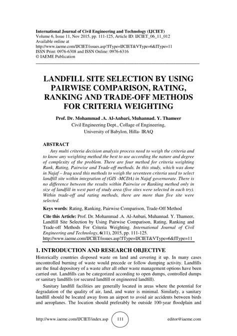 Pdf Landfill Site Selection By Using Pairwise Comparison Rating Ranking And Trade Off