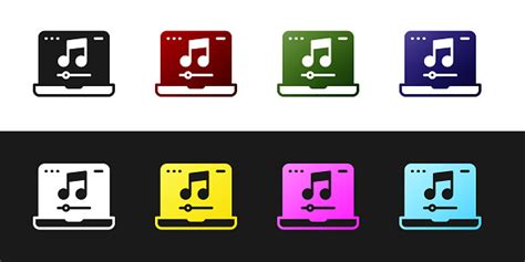 흑백 배경에서 격리된 화면 아이콘에 음악 노트 기호가 있는 랩톱을 설정합니다 벡터 개념에 대한 스톡 벡터 아트 및 기타 이미지