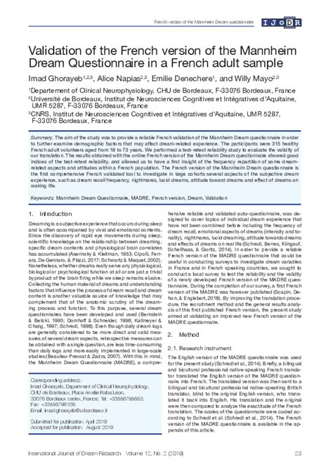 Pdf Validation Of The French Version Of The Mannheim Dream Questionnaire In A French Adult Sample