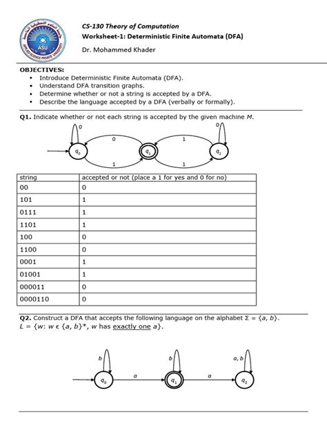 Worksheet1 Dfa Sol Pdf Theory Of Computation Algorithms
