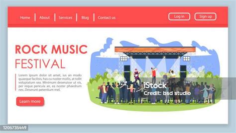 록 음악 축제 방문 페이지 벡터 템플릿입니다 평면 일러스트와 야외 콘서트 웹 사이트 인터페이스 아이디어 야외 록 페스트 홈페이지 레이아웃입니다 사운드 파티 웹 배너 웹