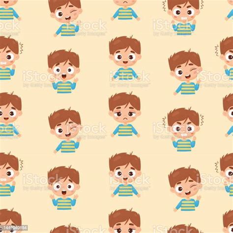 원활한 어린이 패턴입니다 밝은 노란색 배경에 기쁨 행복 분노 눈물과 같은 다양한 감정을 가진 만화 스타일의 귀여운 공정한 피부 소년 벡터 그림입니다 귀여운 아이 컬렉션입니다
