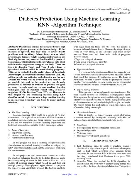 Diabetes Prediction Using Machine Learning Knn Algorithm Technique