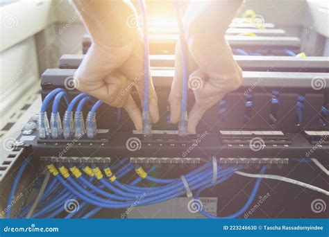 Technician Connecting Network Cable To Switch Information Technology Computer Network