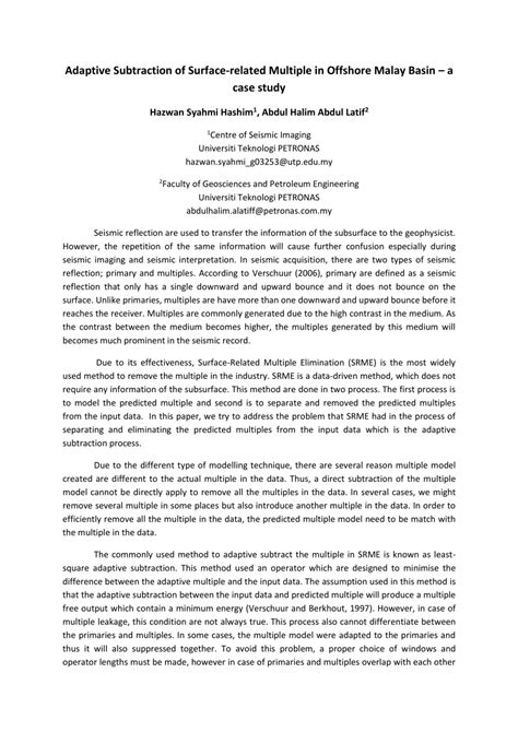 pdf adaptive subtraction of surface related multiple in offshore