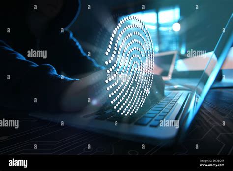 Fingerprint Identification Man Working With Laptop At Table Closeup Stock Photo Alamy