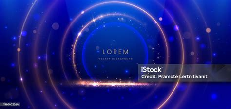 원이 빛나는 파란색과 황금색 선 조명 효과가 있는 럭셔리 진한 파란색 배경 템플릿 프리미엄 시상식 디자인 0명에 대한 스톡 벡터 아트 및 기타 이미지 Istock
