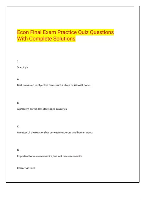 Econ Final Exam Practice Quiz Questions With Complete Solutions Econ