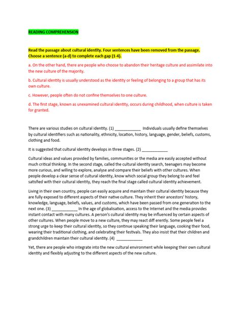 Reading Comprehension Cultural Identity Download Free Pdf Identity