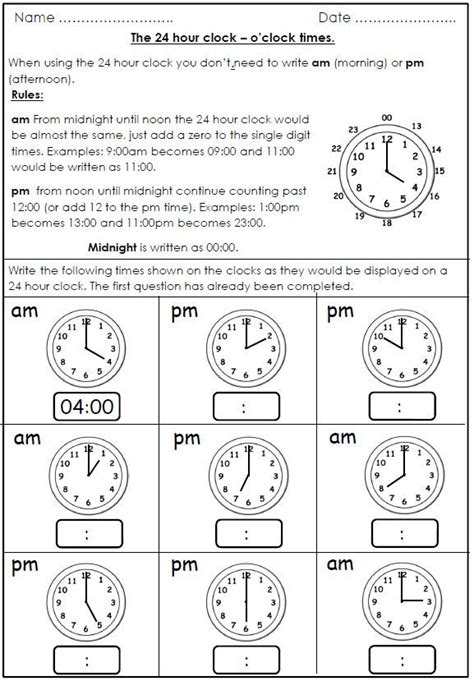 Telling Time The 24 Hour Clock 24 Hour Clock Worksheets Clock