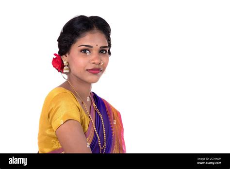 Beautiful Indian Young Girl Posing In Traditional Indian Saree On White