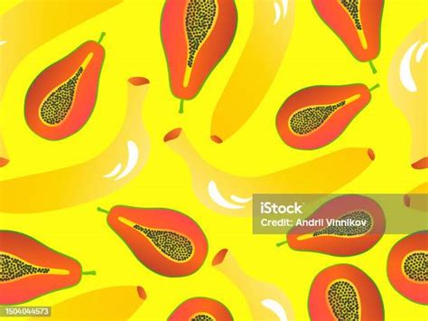 노란색 배경에 바나나와 파파야가 있는 매끄러운 패턴 파파야와 바나나의 여름 이국적인 과일 믹스 씨앗을 가진 파파야 배너 포스터 및 판촉 품목을 디자인합니다 벡터 그림 0명에