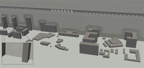 computational grid with refinement zones near the buildings and ground
