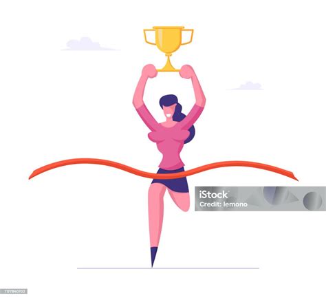 커리어 목표 달성 재무 및 비즈니스 성공 개념 머리 대회 위의 골드 트로피 컵을 들고 빨간 리본과 사업가 실행 횡단 결승선 만화 플랫 벡터 일러스트 개념에 대한 스톡 벡터