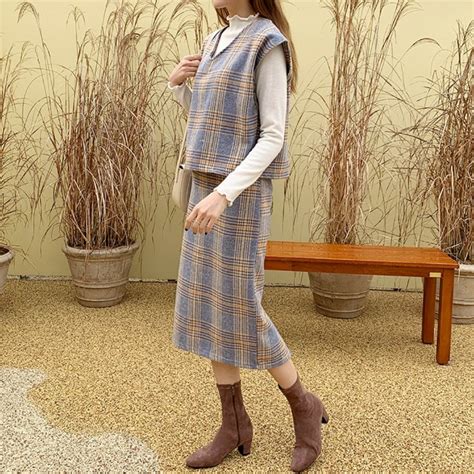 체크 롱 스커트 모직 투피스 세트