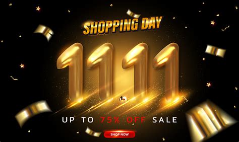 1111 쇼핑 데이 세일 3d 황금 금속 상징적 인 디자인과 고급 배너 배경 11에 대한 스톡 벡터 아트 및 기타 이미지 11 Singles Day China 낮