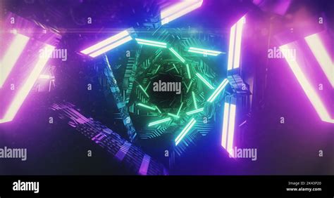 Image Of Glowing Triangles Forming Tunnel With Light Trails Spinning In Hypnotic Motion In