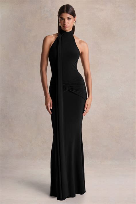 Hyla Black High Neck Maxi Dress With Sash Detail Club L London Aus