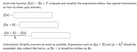 solved given the function f x 3x 7 evaluate and simplify