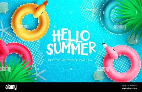 Hello summer vector design. Hello summer greeting text with inflatable duck, flamingo and bird ...