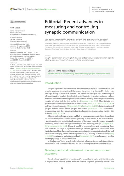 Pdf Editorial Recent Advances In Measuring And Controlling Synaptic Communication