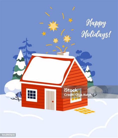 해피 홀리데이 카드 굴뚝 눈 언덕 전나무가 있는 겨울 빨간 집 벡터 평면 그림 통나무집에 대한 스톡 벡터 아트 및 기타 이미지