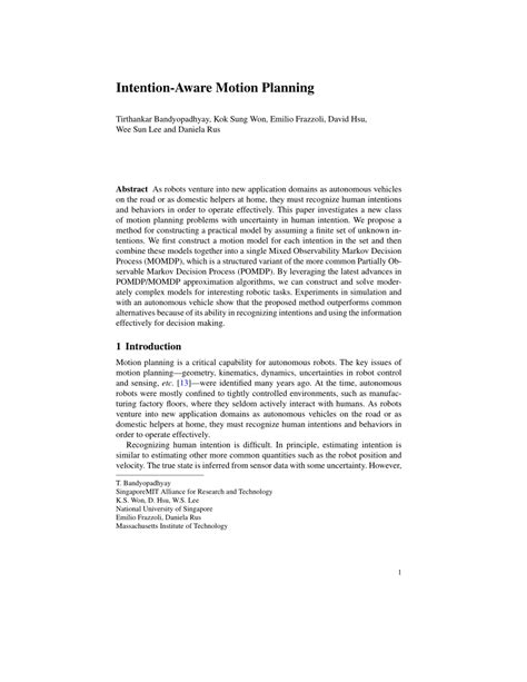 Pdf Intention Aware Motion Planning