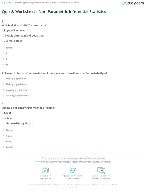 Quiz And Worksheet Non Parametric Inferential Statistics