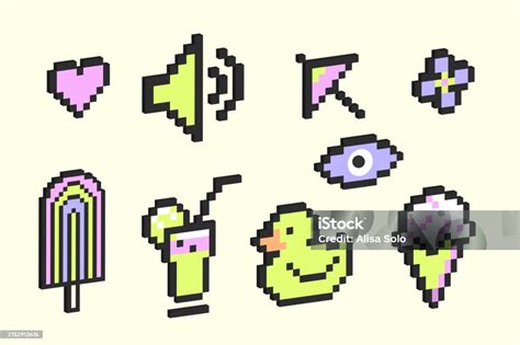 트렌디한 레트로 픽셀화된 Y2k 스티커 사이버 서머 에스테틱 순진한 픽셀 스타일 고립 된 그래픽 요소 3d 간단한 스타일의 복셀