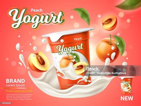 사실적인 요구르트 포스터 우유 프로바이오틱 제품 광고 배너 복숭아 발효 디저트 천연 건강 과일 유제품 크림 스플래시와 잎 푸드 컵 용기 벡터 개념 개념에 대한 스톡 벡터