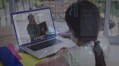 Animation Of Round Scanner And Microprocessor Connections Against Girl Having A Video Call On