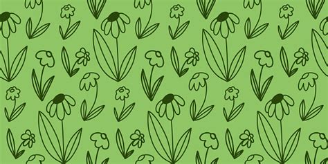 밝은 녹색 배경에 윤곽에 잎이있는 간단한 유치한 손으로 그린 꽃 낙서의 벡터 매끄러운 패턴 아름다운 봄 감촉 직물 프린트 섬유 디자인 0명에 대한 스톡 벡터 아트 및 기타