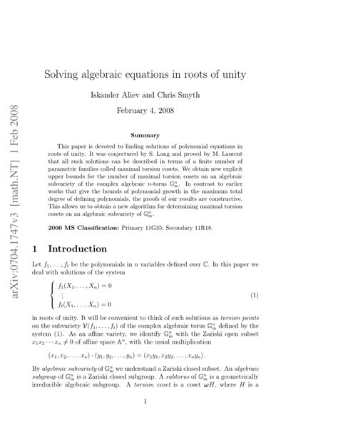 PDF Solving Algebraic Equations In Roots Of Unity