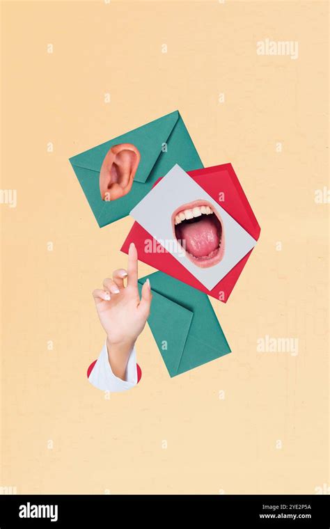Vertical Photo Collage Of Anonym Human Body Parts Letter Envelope Communication Message Ear