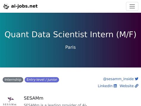 Hiring Internship Quant Data Scientist Intern Mf In Paris Raimljobs
