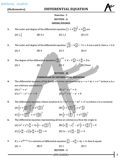 Sheet 01 Differential Equation Nj 247 2 Pdf Tangent Equations