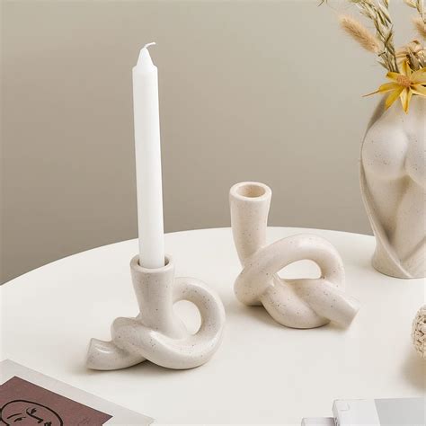 Farmhouse Taper Candle Holders Ceramic Candlestick Holders With Wood