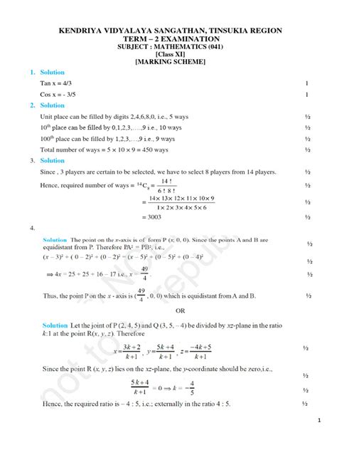 Class Xi Maths Sp Marking Scheme Set 1 Pdf Mathematical Objects