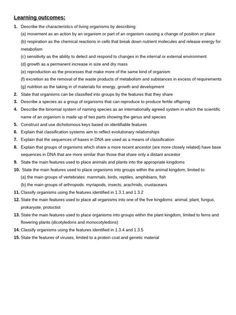 Learning Outcomes Pdf Cell Biology Organisms