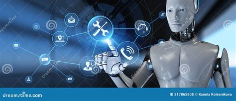 Support Customer Service Automation Robot Pressing Button On Screen 3d Render Stock