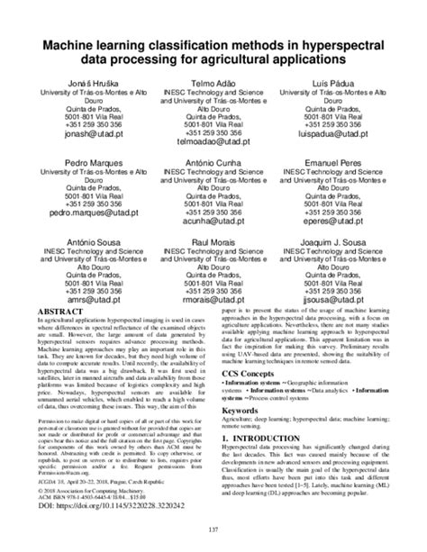 (PDF) Machine learning classification methods in hyperspectral data processing for agricultural ...