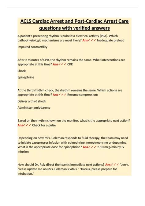 ACLS Cardiac Arrest And Post Cardiac Arrest Care Questions With Verified Answers AHA ACLS