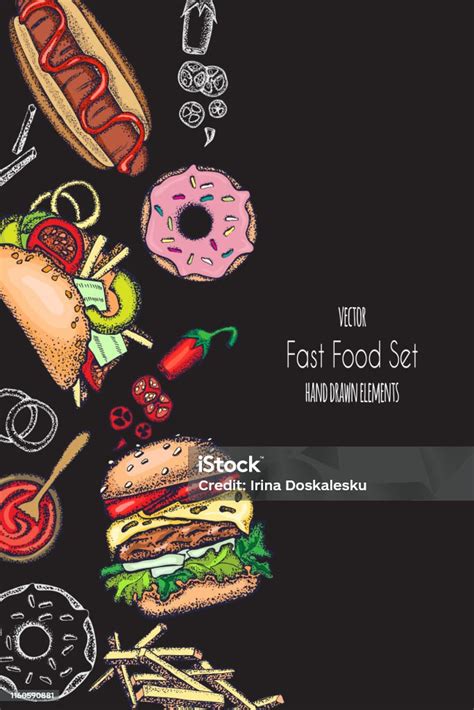 손으로 그린 패스트 푸드 세트입니다 피자 햄버거 타코 햄버거 도넛 핫도그 감자 튀김 0명에 대한 스톡 벡터 아트 및 기타 이미지 Istock