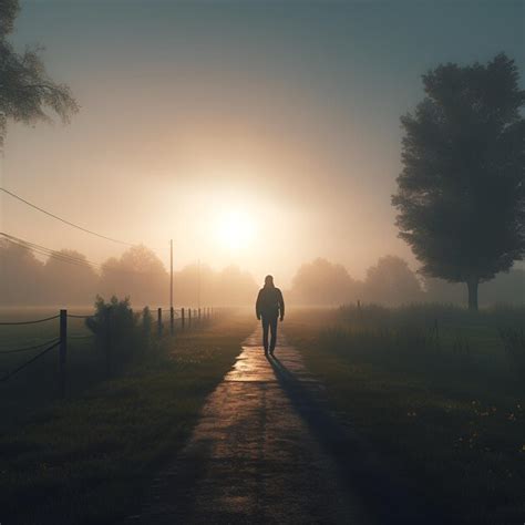 Premium Photo A Person Walking Down A Path In The Fog With The Sun Shining Through The Trees